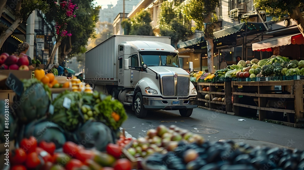 Semi Truck Delivering Fresh Produce to Bustling Farmers Market in Urban ...