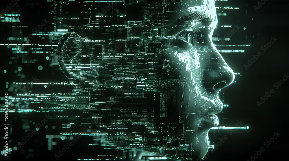 Double exposure photographs merging human faces with data ...