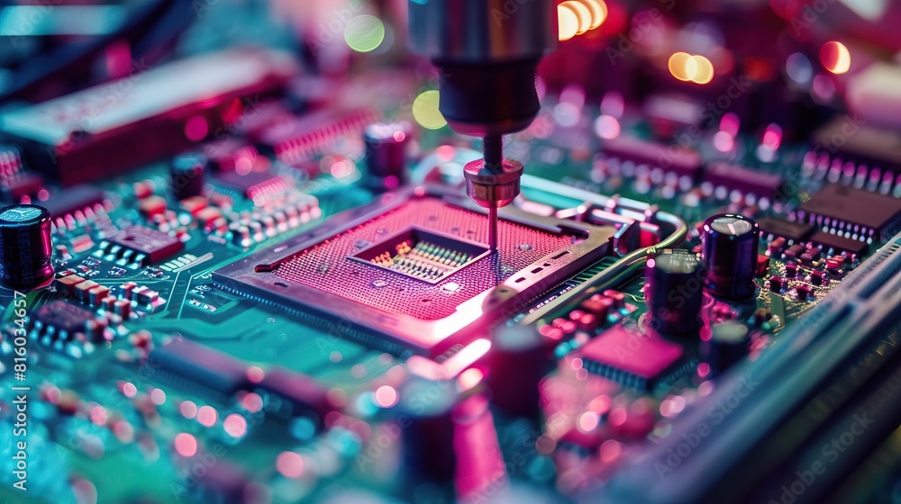 Semiconductor assembly line from top view A robotic arm placing chips ...