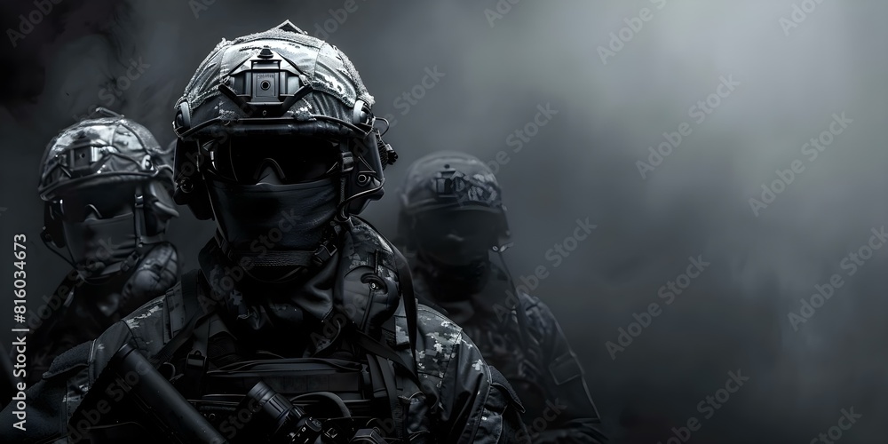 Modern soldiers in full gear facing camera in dark setting. Concept ...