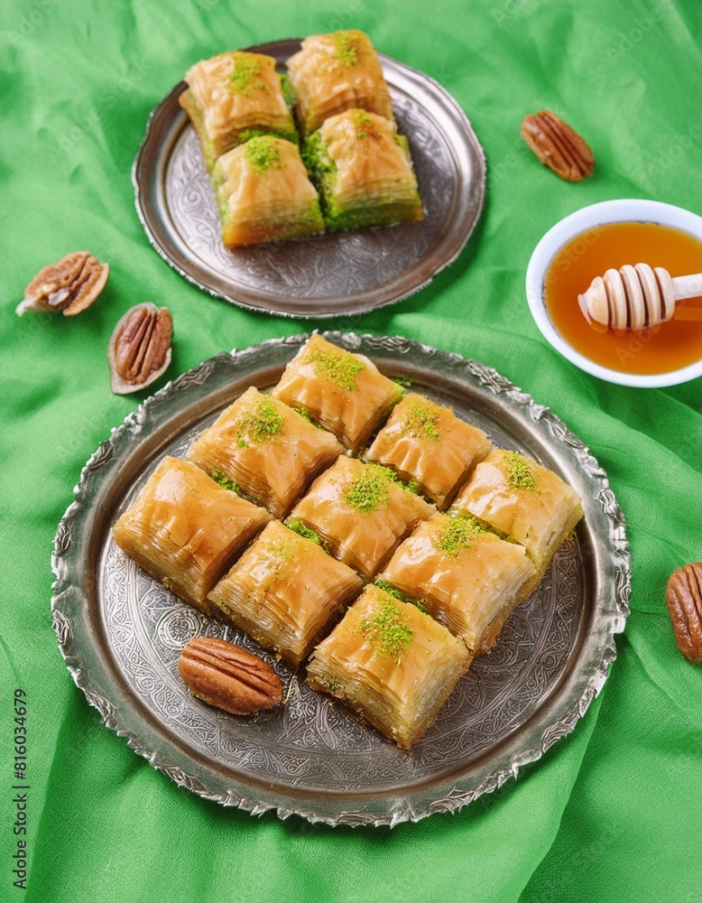 Top view of Sweet table with Baklava, layered pastry dessert made of ...
