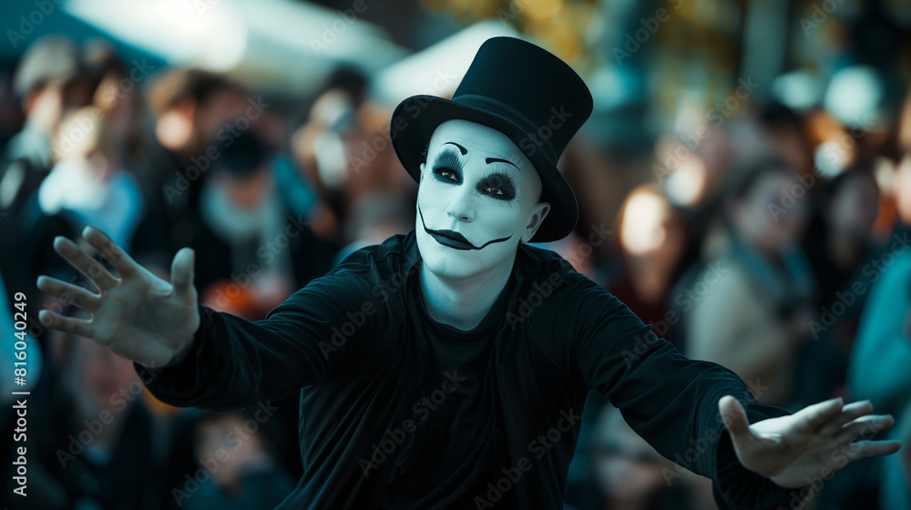 A mime artist performing a classic routine, their expressive face and ...