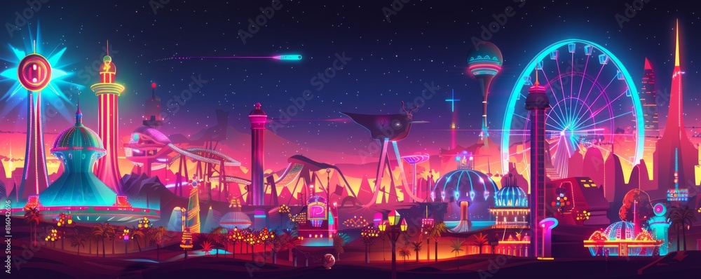 A retro-futuristic amusement park filled with neon-lit rides and ...