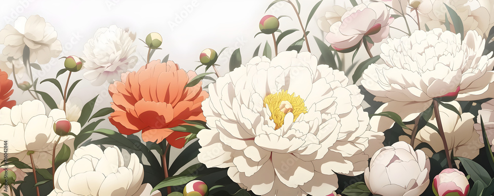 Floral arrangement with white and pink peonies in anime style. Banner ...