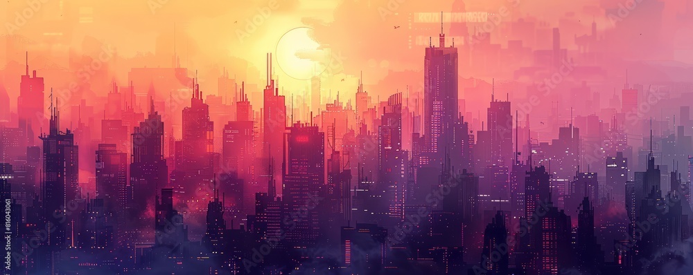 A dystopian cityscape dominated by towering skyscrapers and smog-filled ...