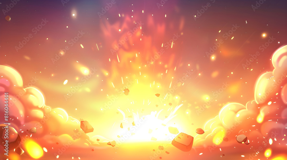 Bomb explosion, clouds of smoke, particles and fire in comic style ...