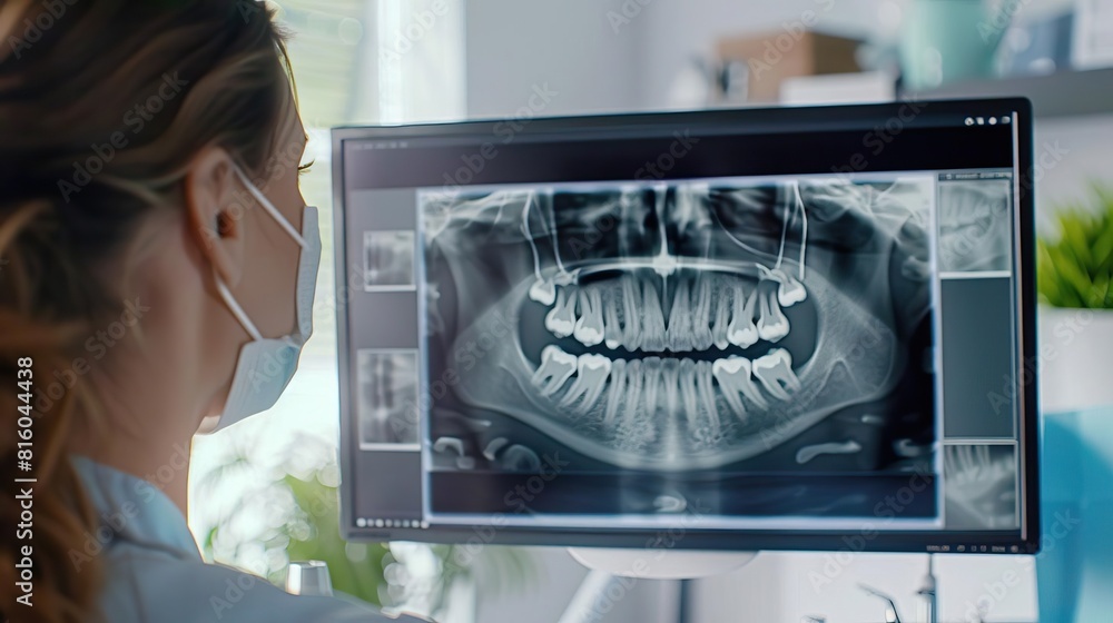 A dental professional studies a computer screen showing a tooth Xray ...