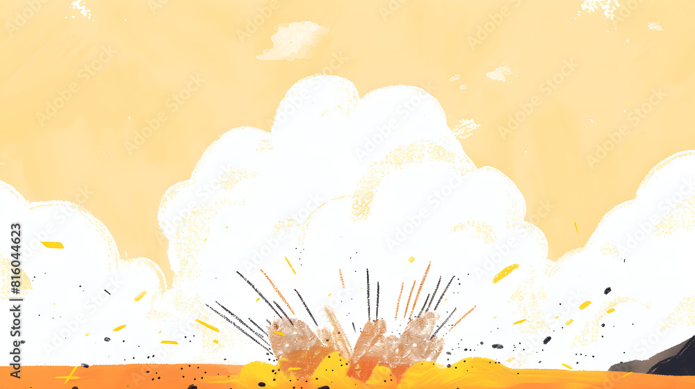 Abstract banner of explosion with white smoke cloud and fire in ...