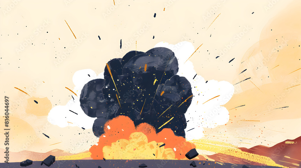 Abstract banner of explosion with black smoke cloud and fire in ...