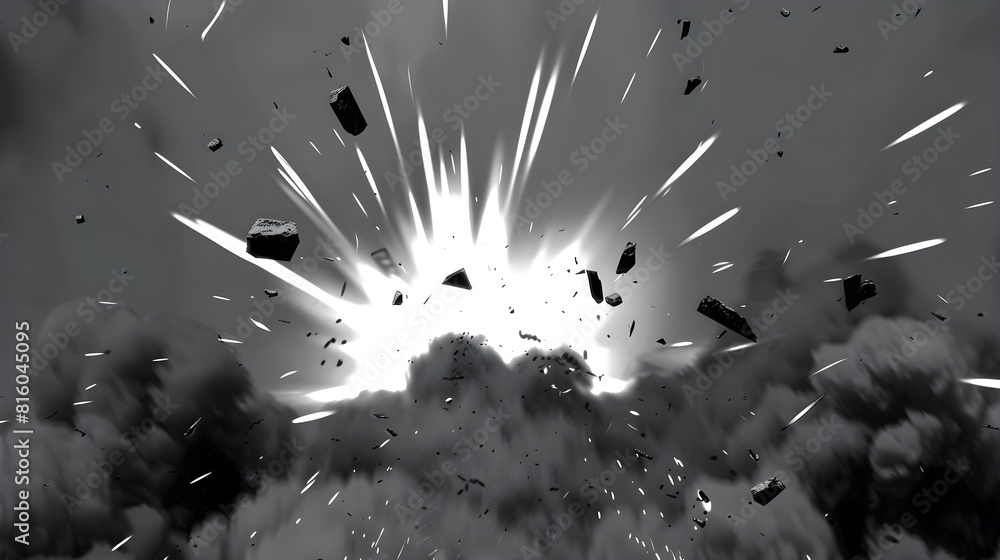 Bomb explosion, clouds of smoke, particles and fire in monochrome comic ...