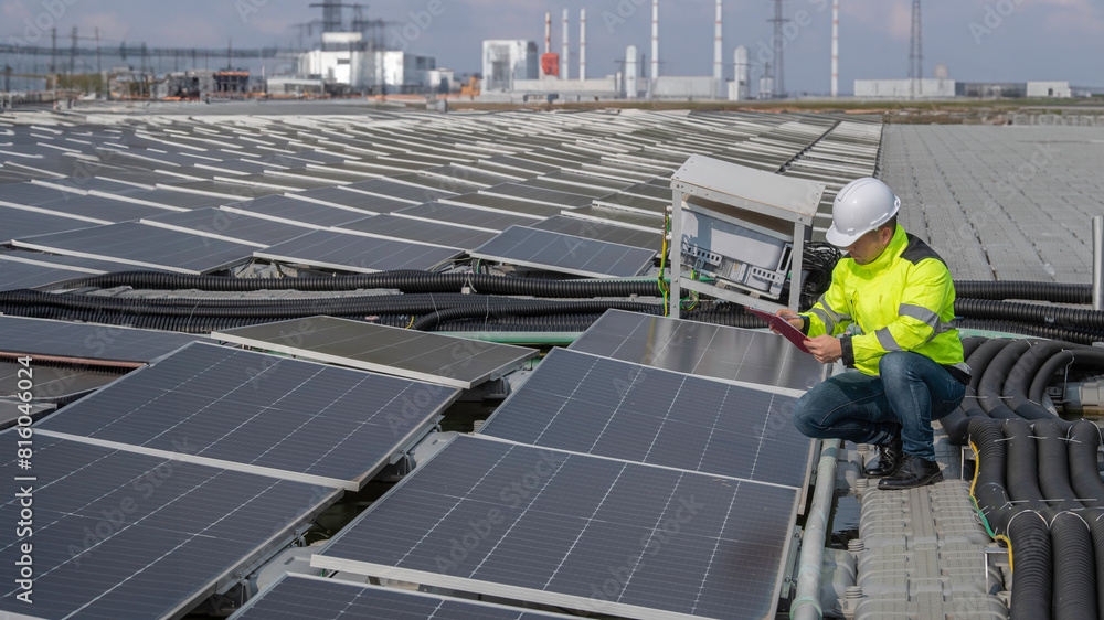 Engineer working at floating solar farm,checking and maintenance with ...