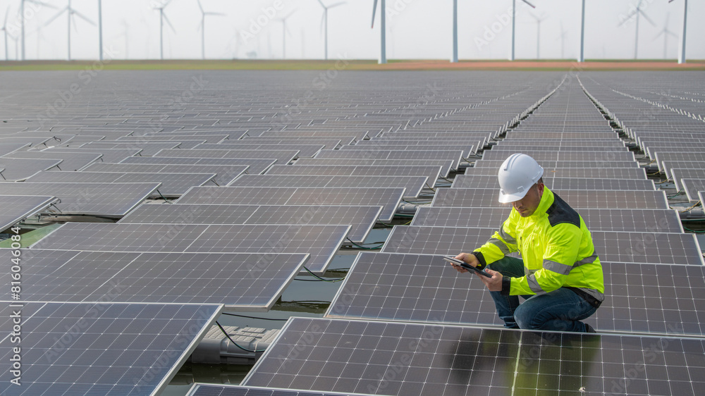 Engineer working at floating solar farm,checking and maintenance with ...