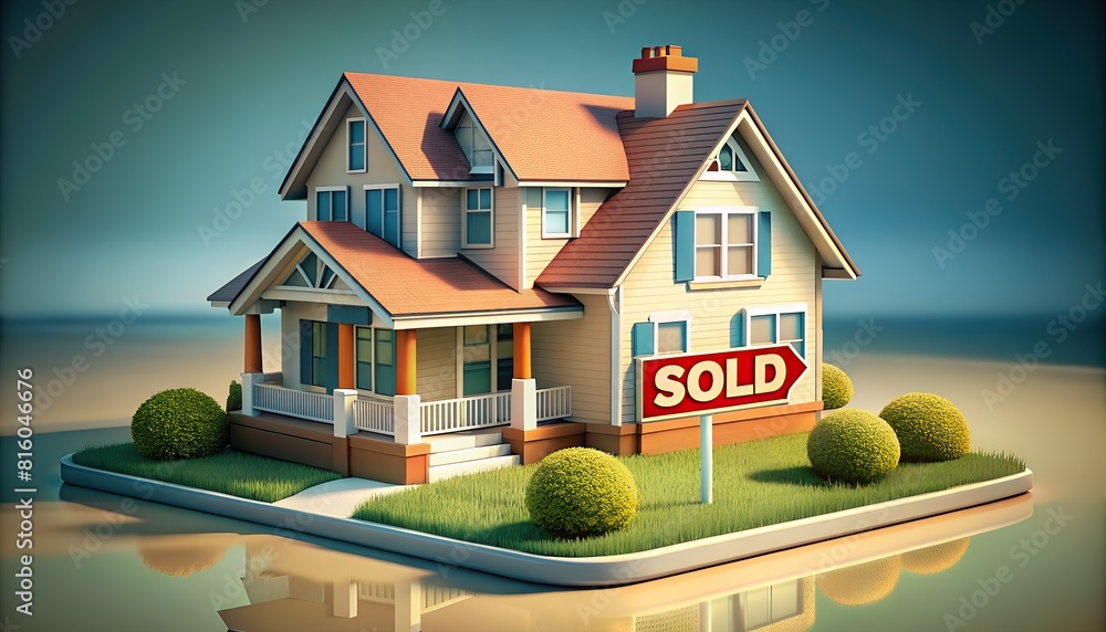 3d computer generated model of two story suburban house with red sold ...