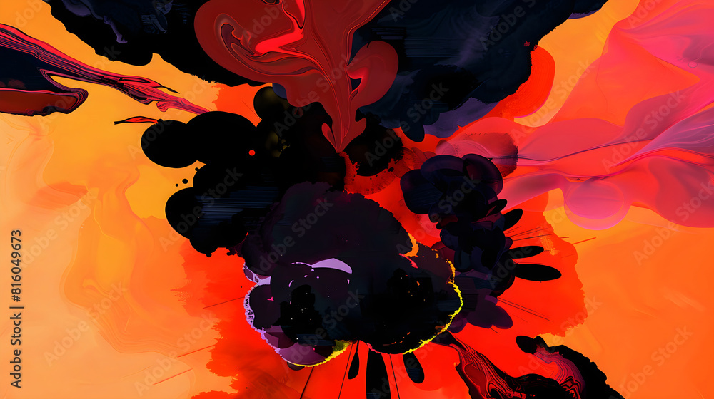 Bomb explosion, clouds of black smoke and fire in flat lay comic style ...