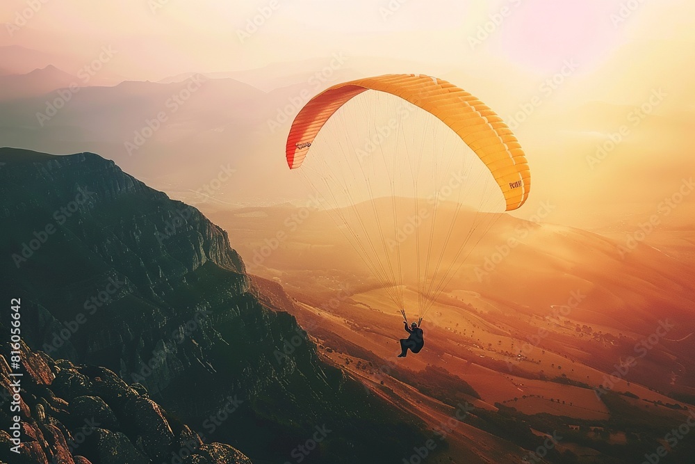breathtaking scene of a paraglider soaring over a stunning landscape at sunset. The paraglider ...
