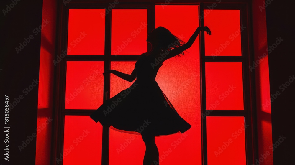Woman silhouette dancing in the window - red light district concept ...