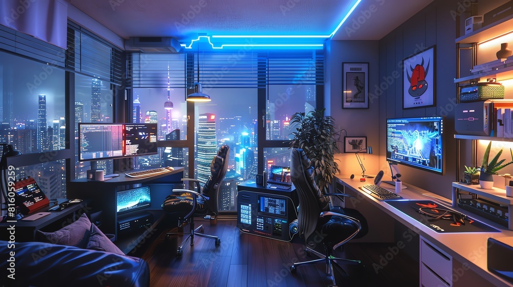 Hightech remote work setup in a compact urban apartment, with smart ...