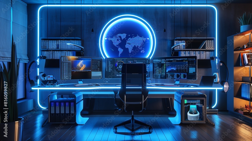 Sleek and futuristic remote work setup with integrated technology and ...