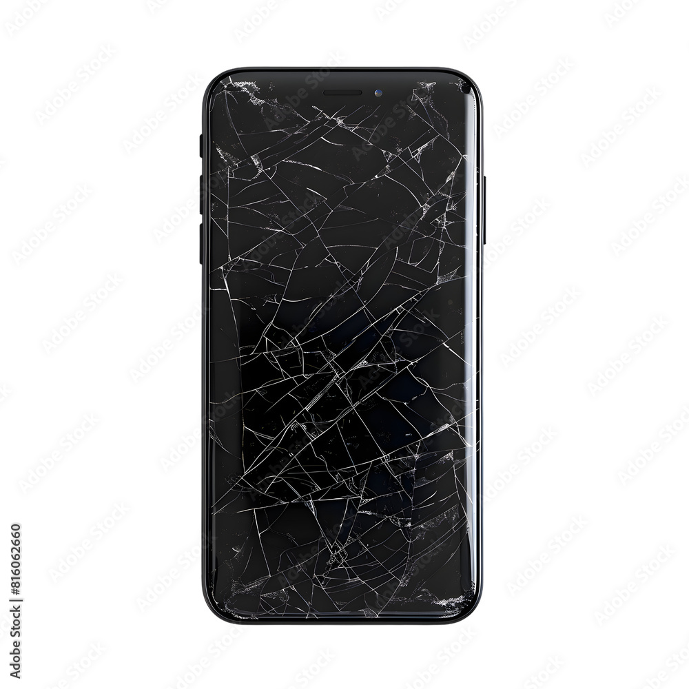 Broken crashed screen on cell phone top view, isolated on transparent ...