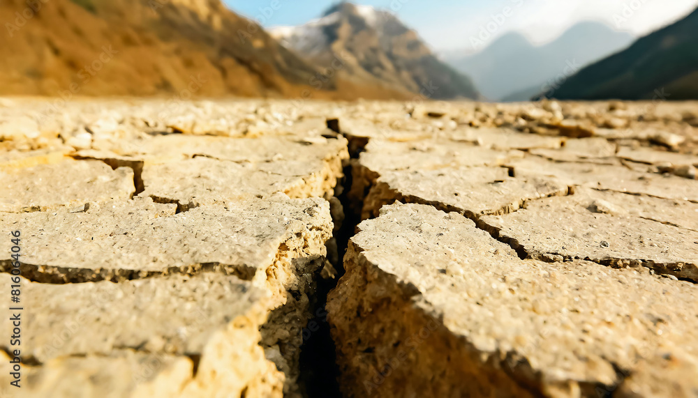 A large crack in the ground with a mountain in the background. The ...