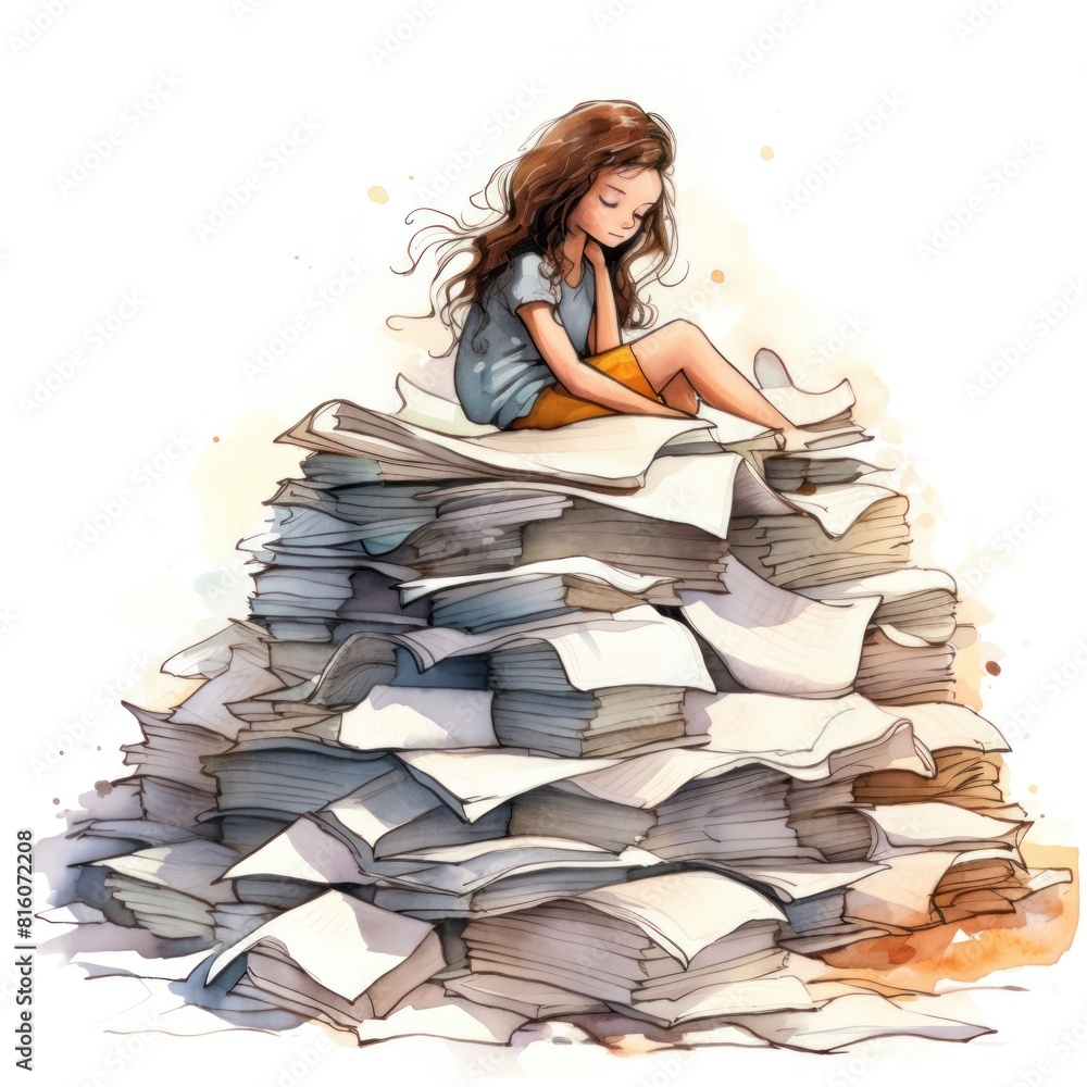 An illustration of a girl sitting atop a large stack of papers ...