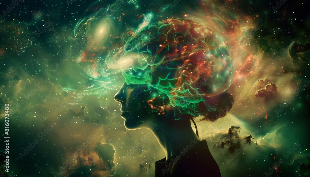 Mental wellbeing and neuronal network concepts with female figure and ...