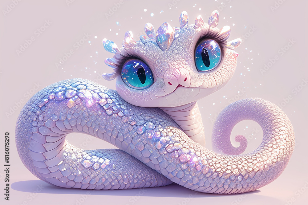 2025 3D cute snake with rainbow colored eyes and a pink nose is sitting ...