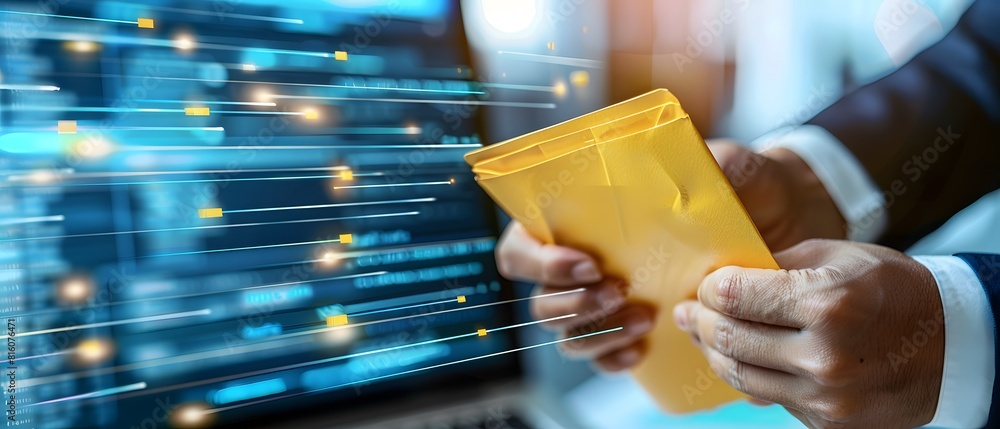 Person holding folder in front of computer screen with lots of data ...