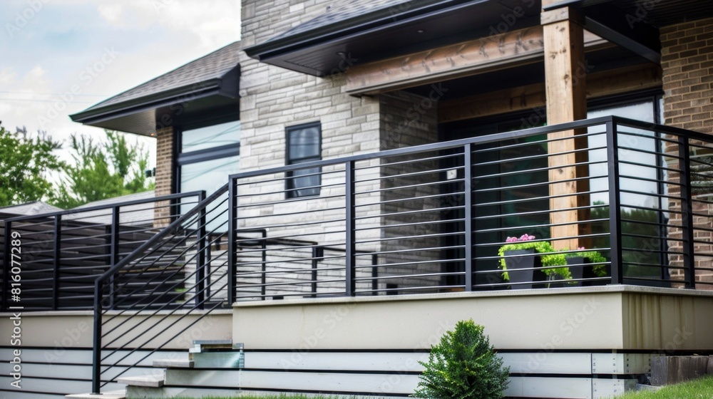 Modern metal railings and handrails in loft style. metal is treated ...