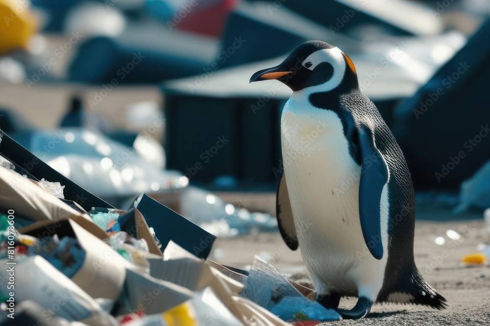 penguin standing amidst a pile of plastic waste on a beach. the severe ...