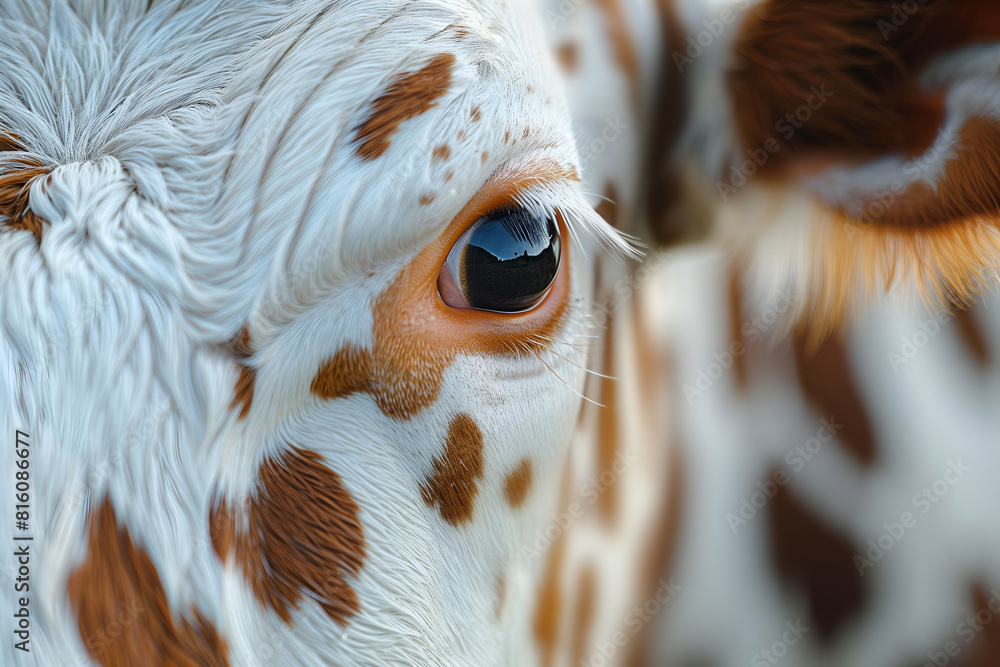 Cow is extremely large. Eye close up of purebred spotted cow. Well ...