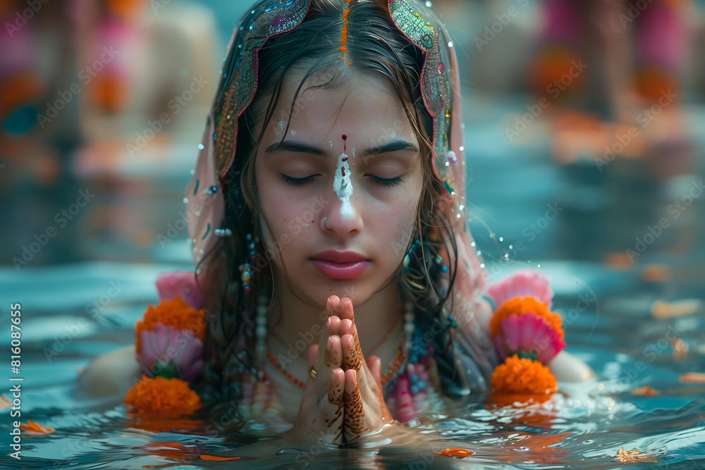 Indian young woman in traditional Hindu attire, flower garland and ...