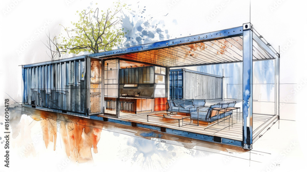 Watercolor and pen architecture sketch diagram of a single shipping ...