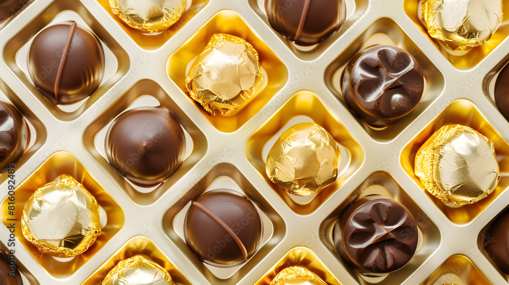 Top view of empty candy box on white background Gold colored tray for ...