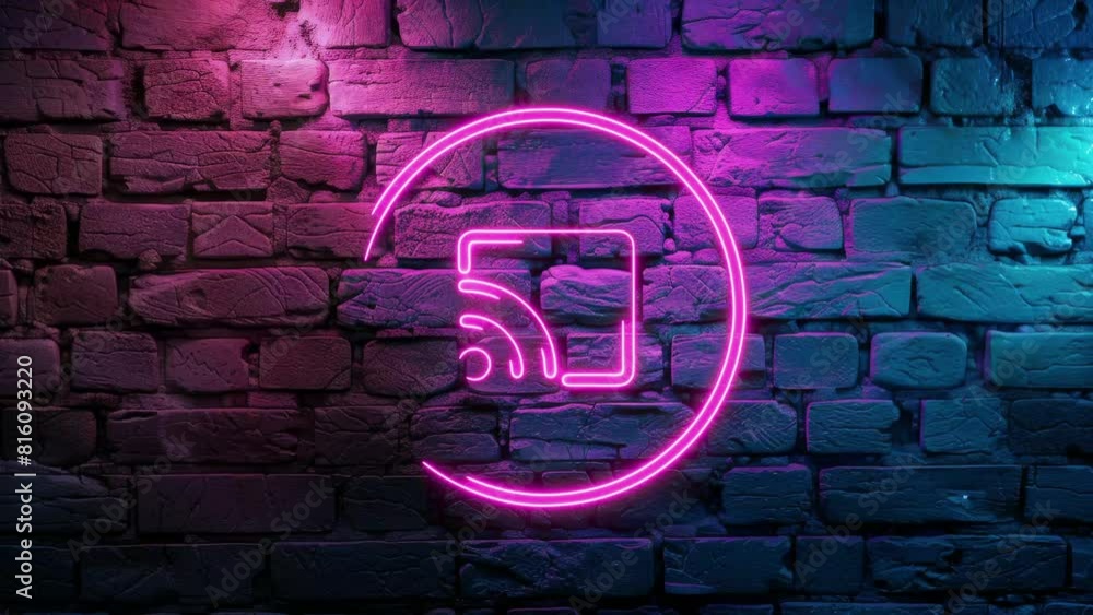 Video footage of Pink glowing Cast, Screencast neon icon on brick wall ...