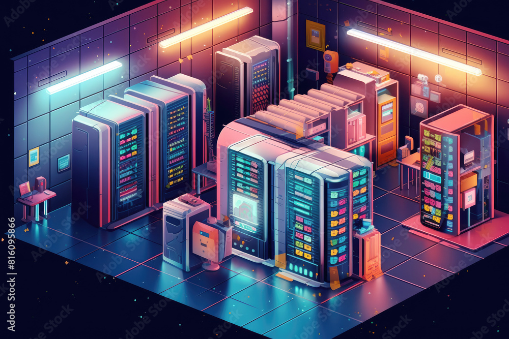 generated illustration of IT working server room with rows of ...