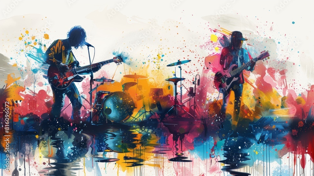 Colorful Abstract Rock Band Performance with Vibrant Paint Splatter and ...
