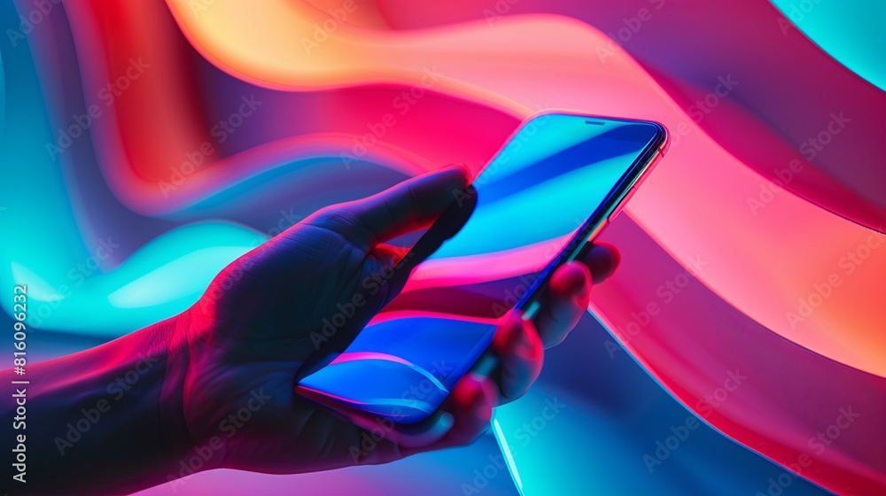 The hand holds a realistic cell phone with a bright screen saver on the ...