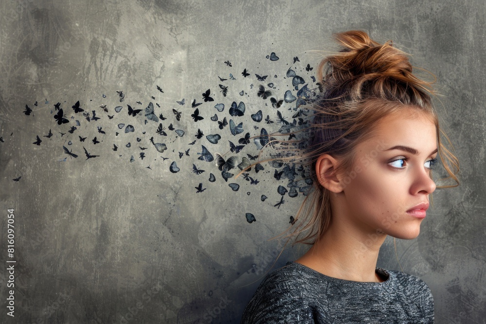 Powerful visual metaphor depicting a young woman with elements of her ...