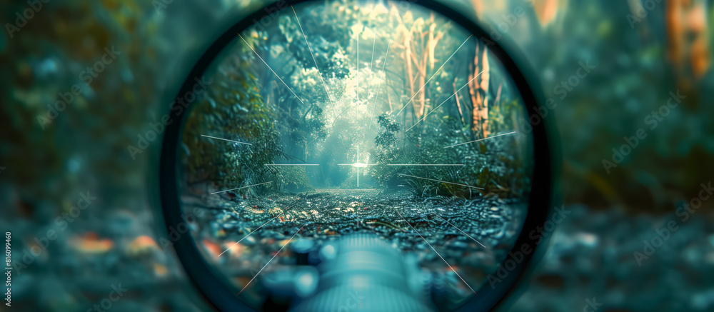 Close-Up View Through Rifle Scope in Forest Setting with Crosshairs ...