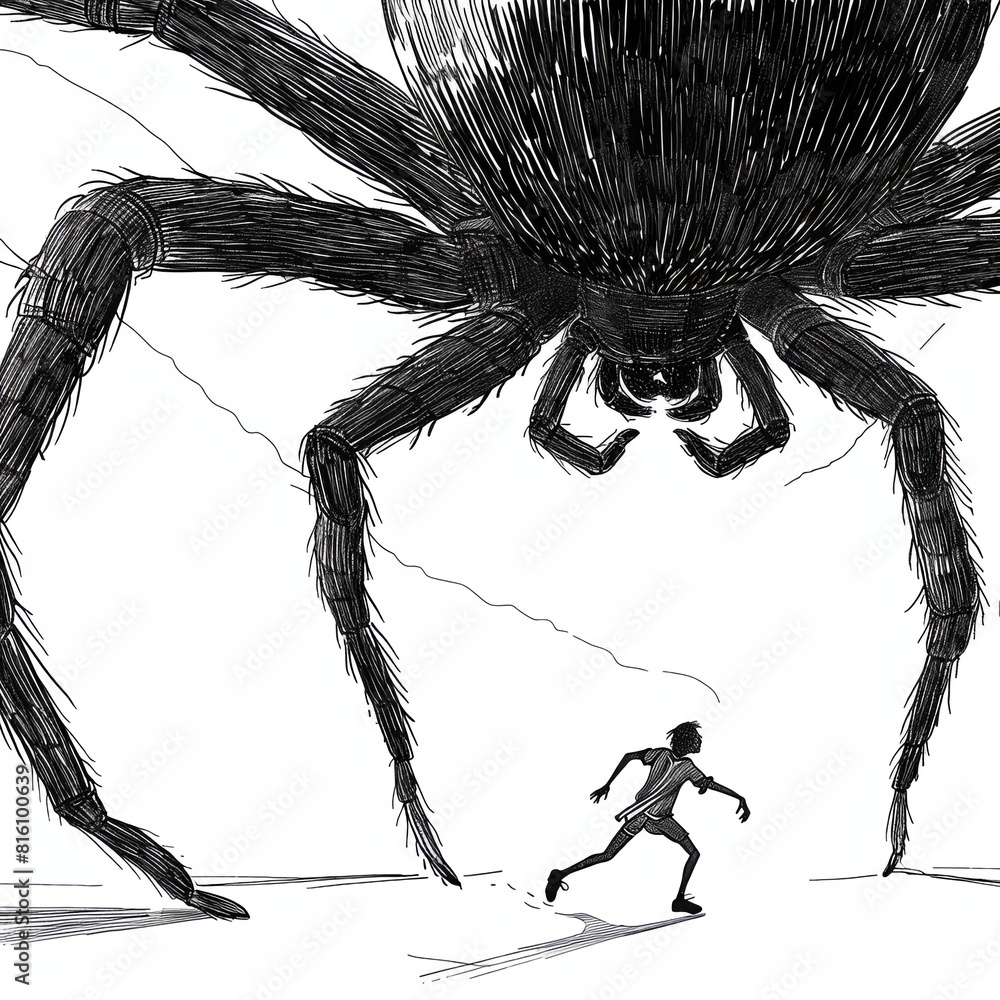 The black-and-white drawing shows a scary giant spider from which a man ...