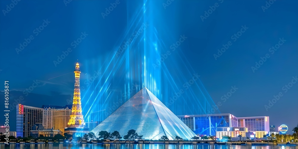 Neon Lights Illuminating Las Vegas Strip with Luxor Pyramid and Eiffel Tower Replica at Night ...
