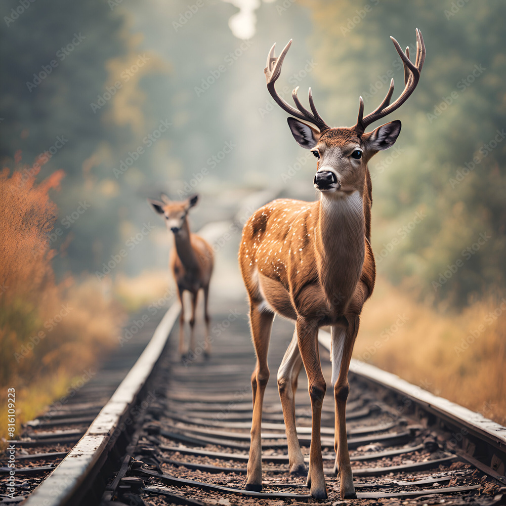 railway track deer blurred bokeh background created using generative AI ...
