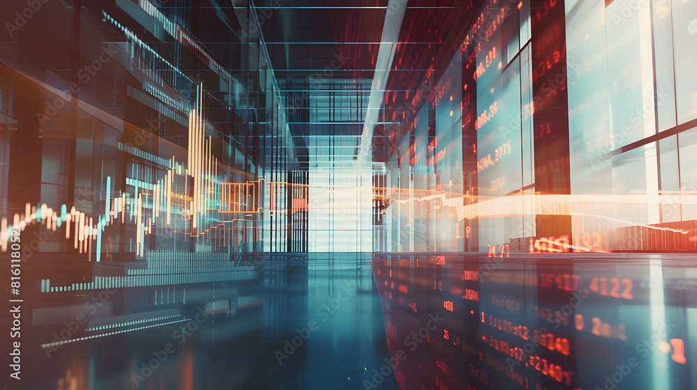 Double exposure of financial chart on empty room interior background ...