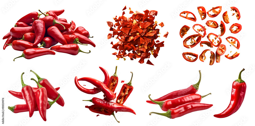 Red chili chilli chilies pepper fruit vegetable, many angles view side ...