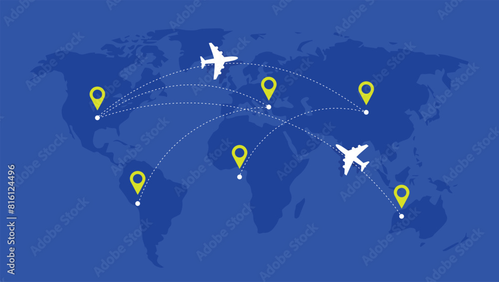 Infographic Vector With Planes, Dotted Direction Paths And Map Pointers ...