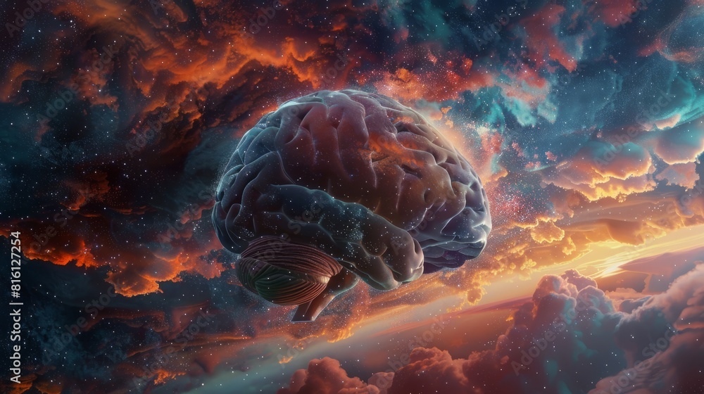 Conceptual brain in thought, blending with cosmic elements, exploring ...
