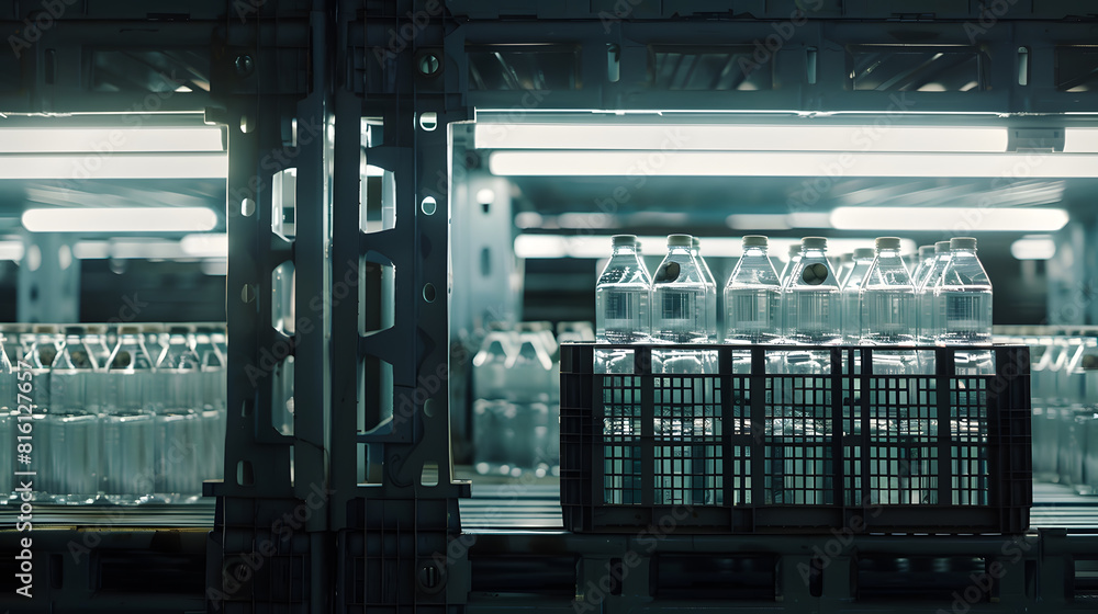 Water bottle crate stacked with empty glass bottle in storage New and ...