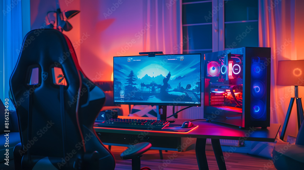 Empty Gaming Station with Computer Screen Showing Fantasy RPG Strategy ...