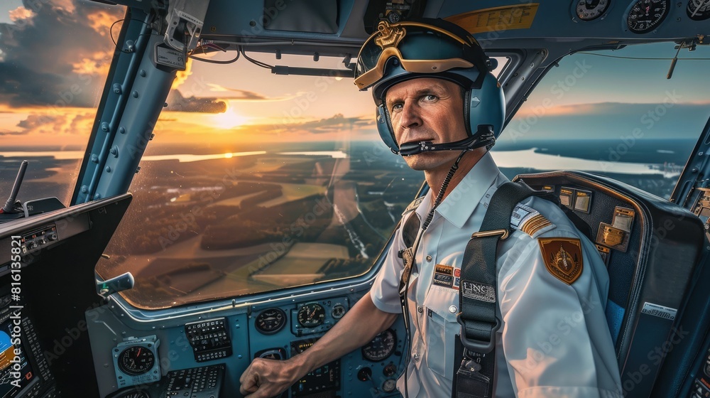 The picture of the professional pilot is piloting an airplane with ...